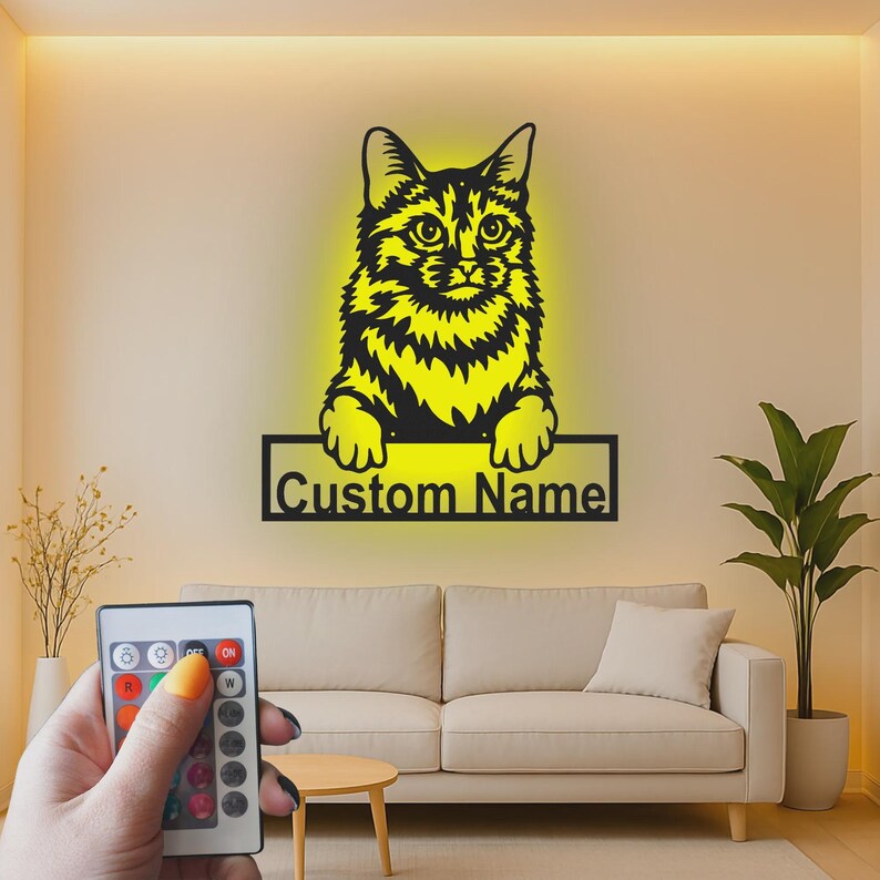 Placa de metal personalizada com gato, decoração de parede iluminada ...