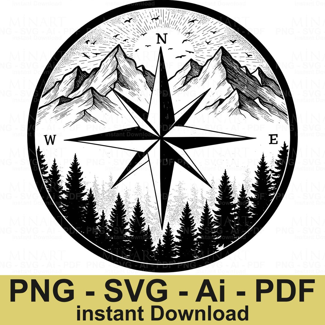 Adventure Nature SVG, Compass Rose Mountain Landscape PNG, Vintage Svg ...