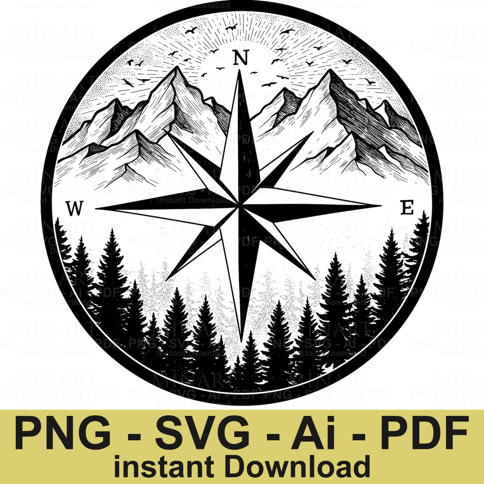 Adventure Nature SVG, Compass Rose Mountain Landscape PNG, Vintage Svg ...