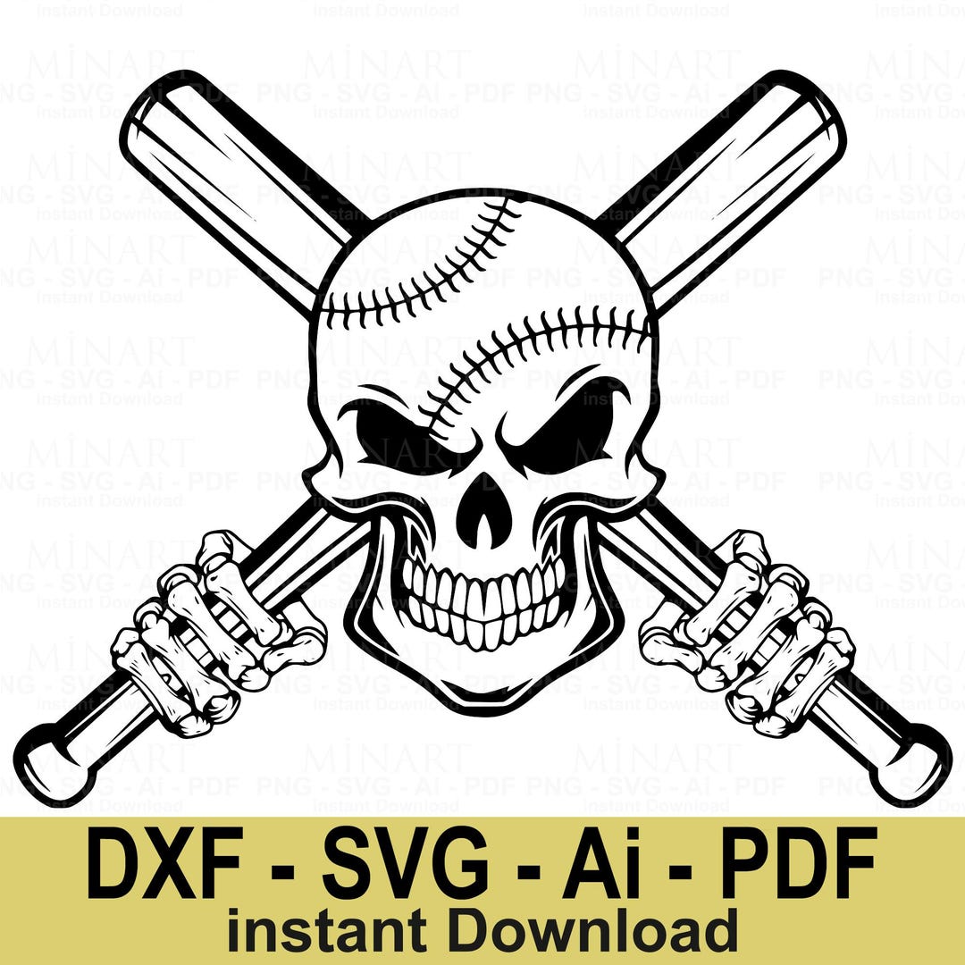 Skull Baseball Svg Dxf Ai Png Digital Download, Crossed Bats Skeleton ...