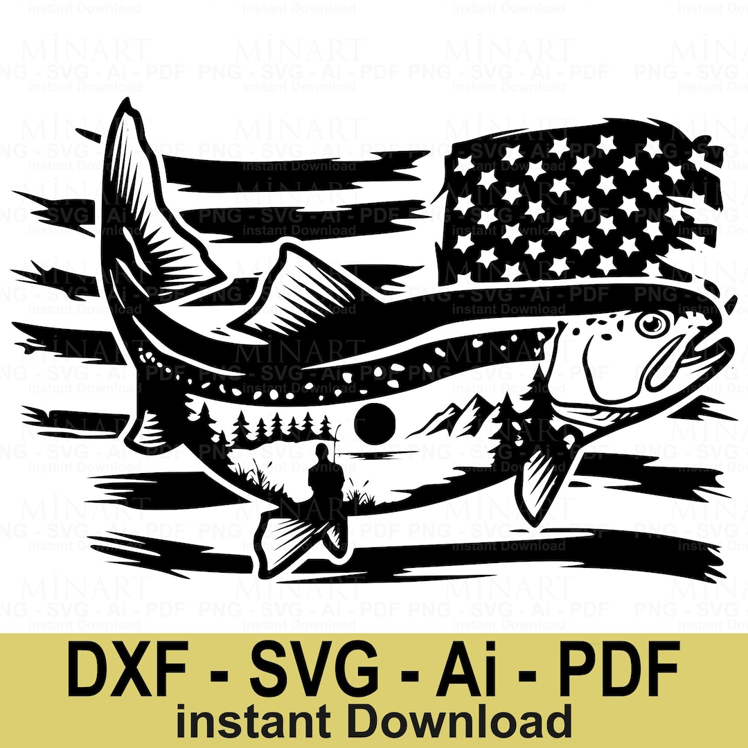 Trout Fishing Svg American Flag Digital File, Fisherman Fish Silhouette ...