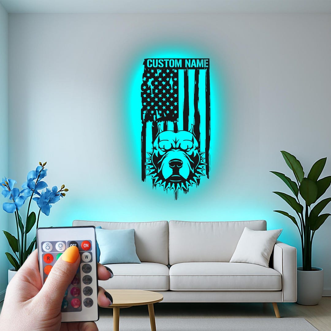 Custom American Bully Dog Led Light Metal Wall Art, Patriotic USA Flag ...
