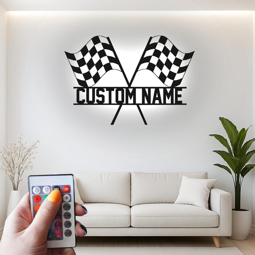Custom Crossed Checkered Racing Flags Led Light Metal Wall Art ...