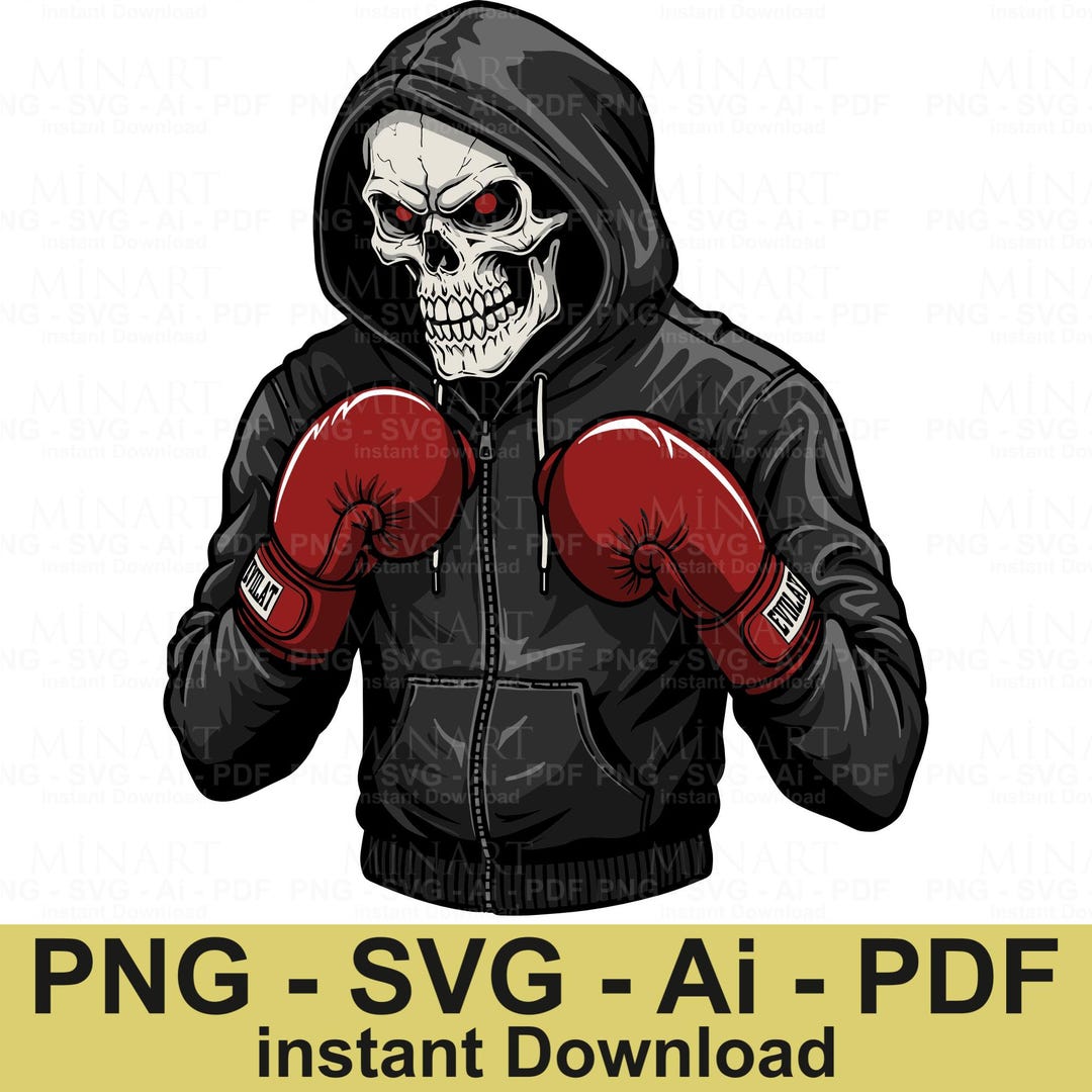 Skeleton Boxer SVG PNG Pdf Ai Clipart | Hooded Skull Fighter With Red ...