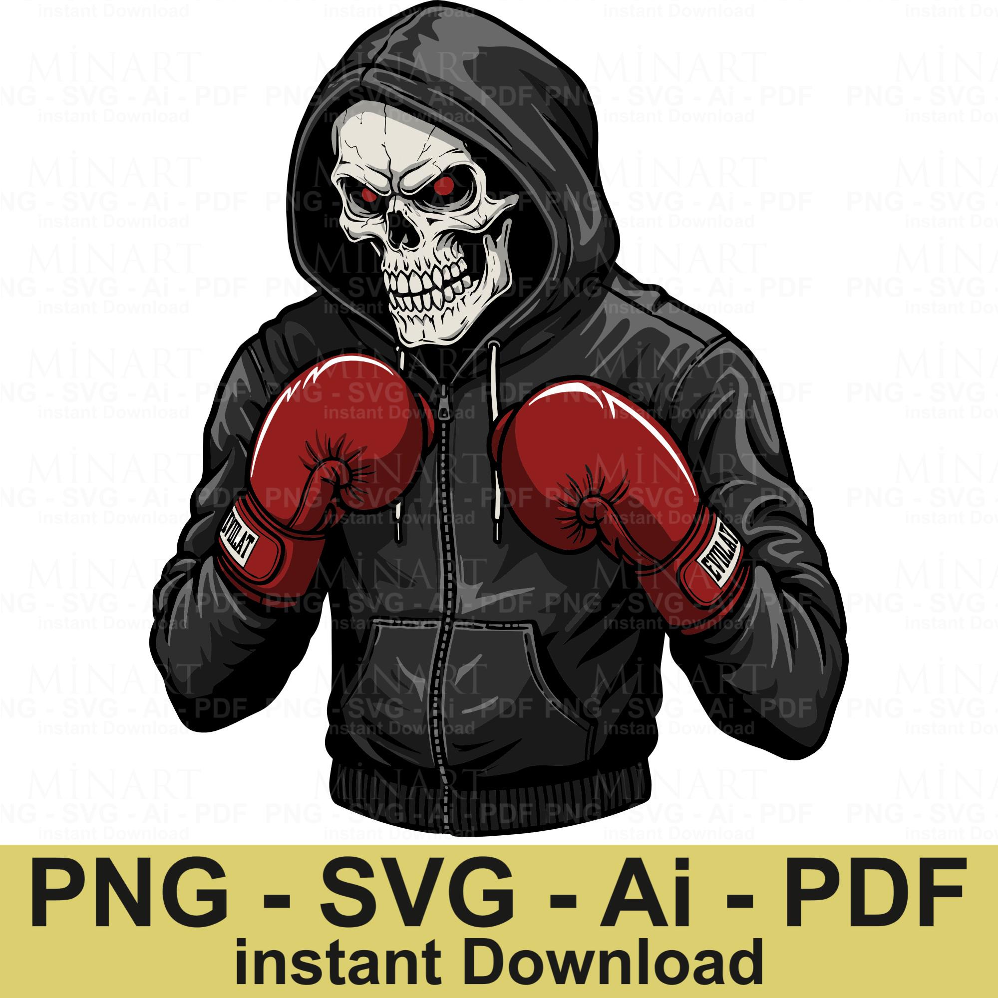 Skeleton Boxer SVG PNG Pdf Ai Clipart | Hooded Skull Fighter With Red ...