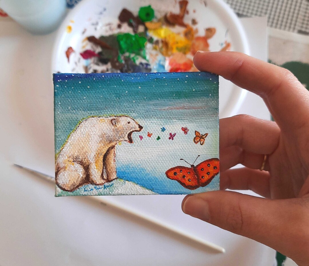 Bear Painting, Bear Artwork, Mini Bear, Mini Butterfly Painting, Bear ...