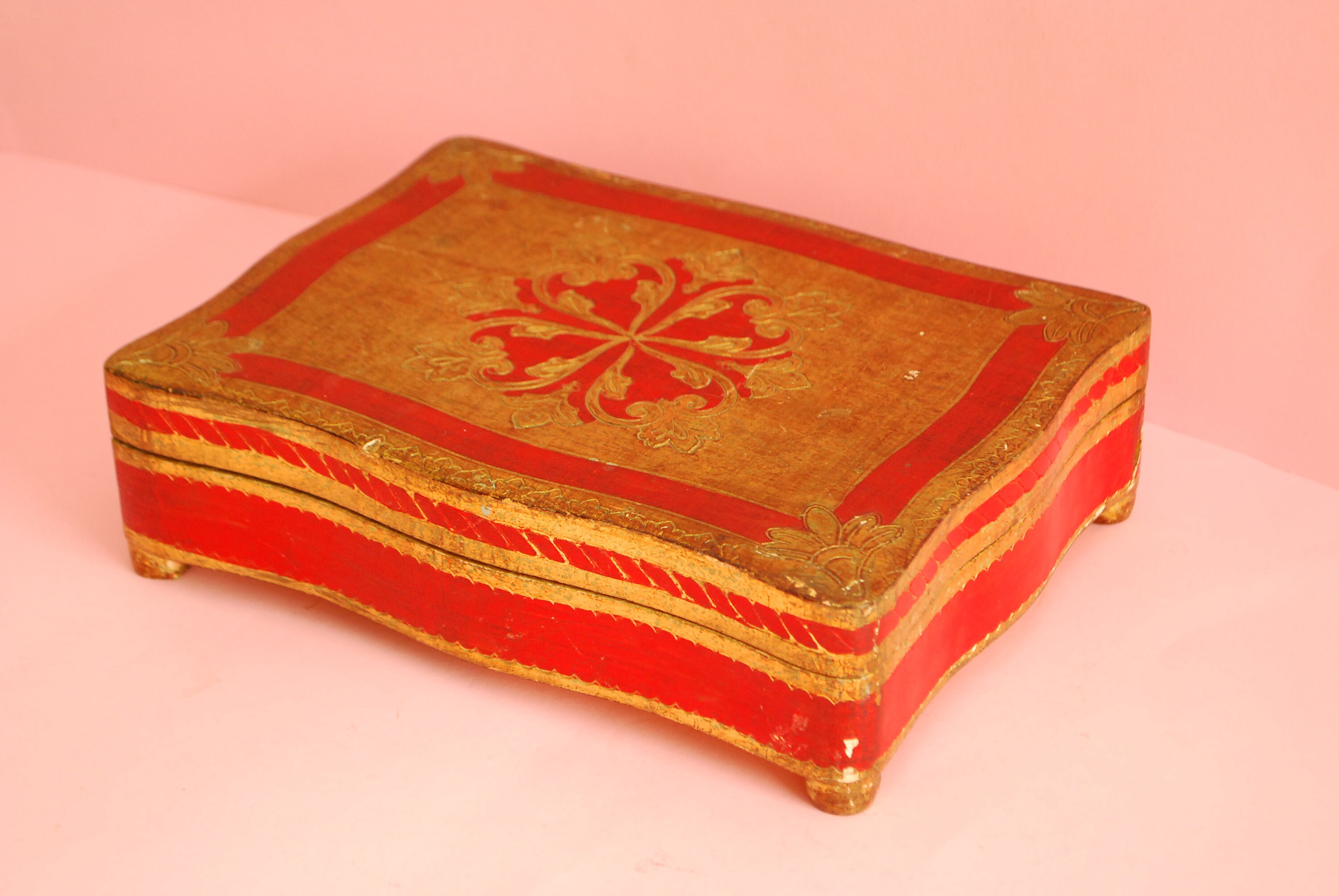 Footed vintage wooden box red gold Vintage gilded wooden | Etsy