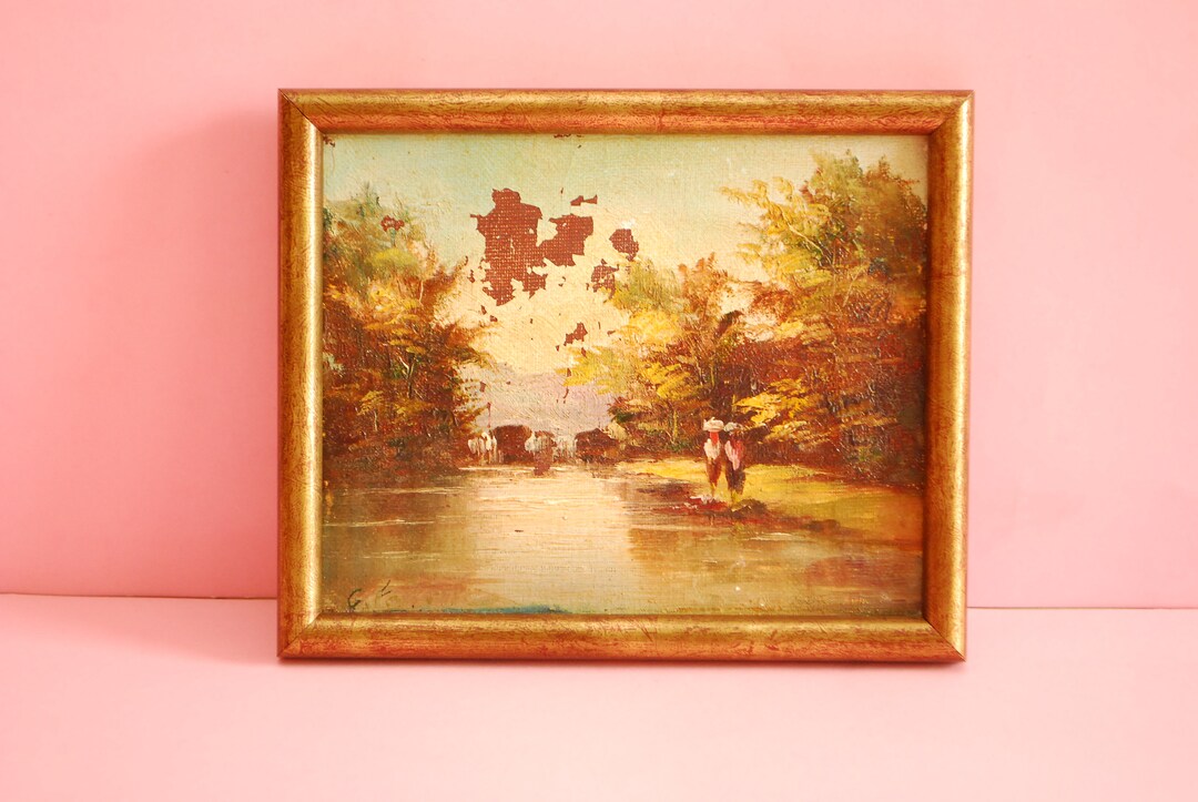 Antique Small Wooden Frame With Landscape Oil Painting on Canvas ...