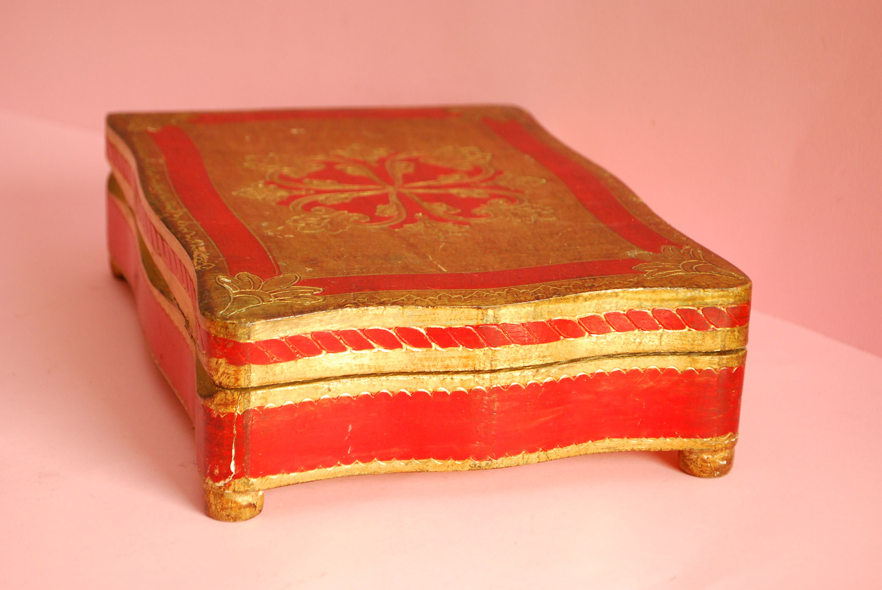 Footed vintage wooden box red gold Vintage gilded wooden | Etsy