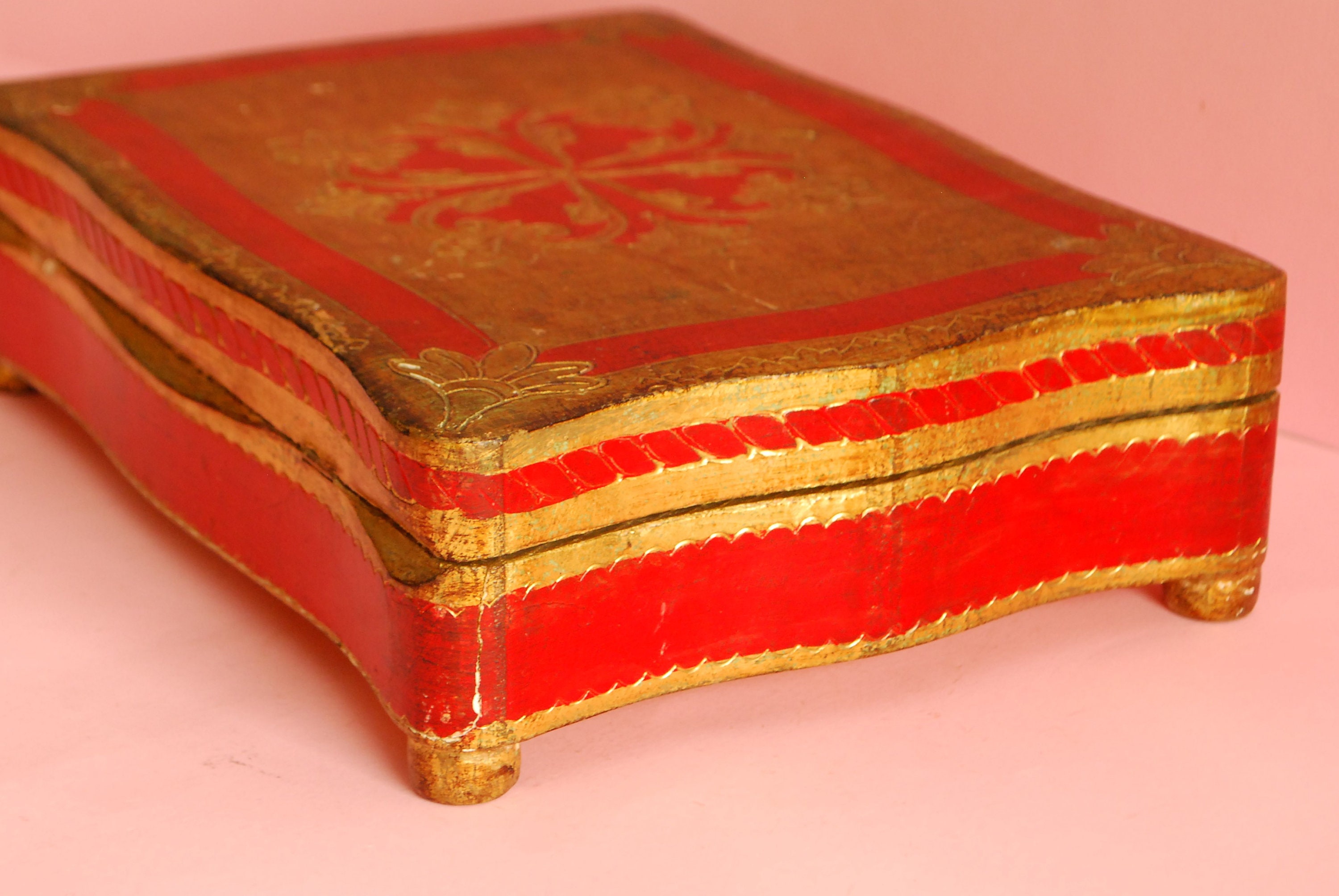 Footed vintage wooden box red gold Vintage gilded wooden | Etsy