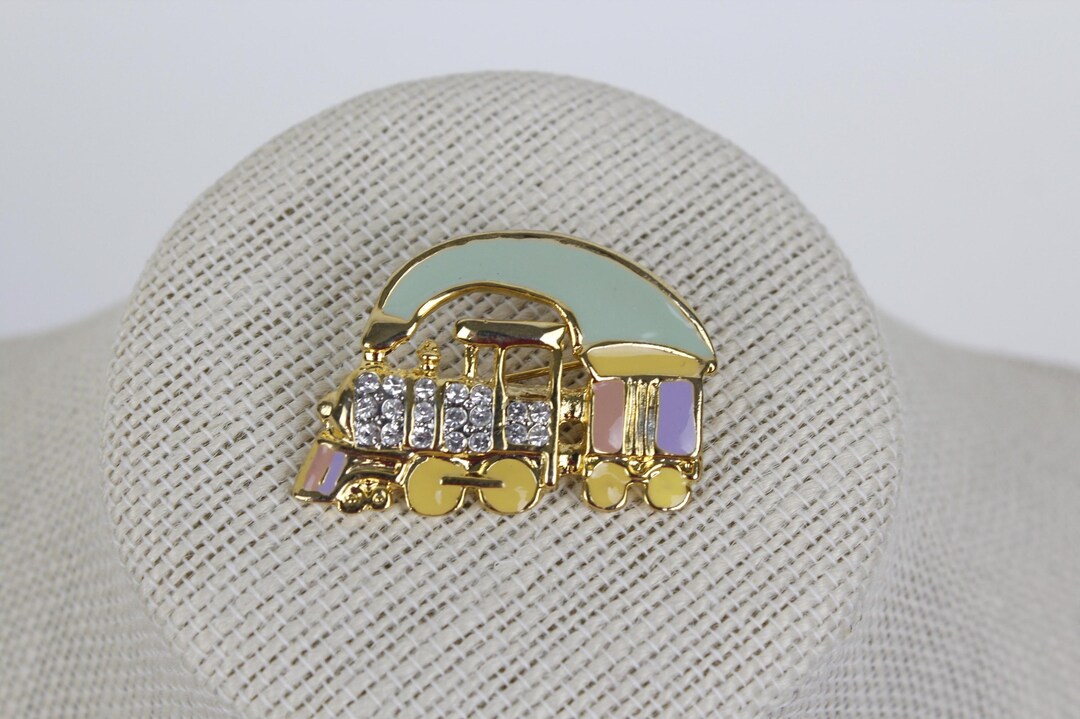 Vintage Gold Tone Steam Engine Train Brooch Enamel and Rhinestone ...