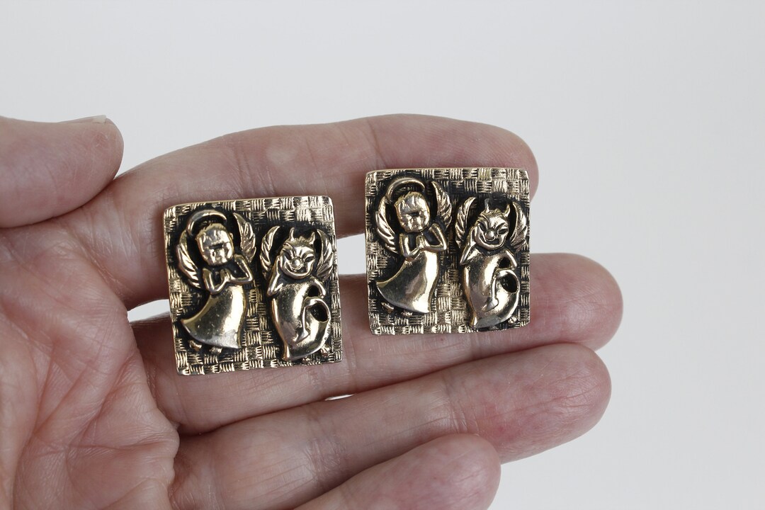 Vintage Gold Tone Angel and Devil Cufflinks WELL WORN Midcentury ...