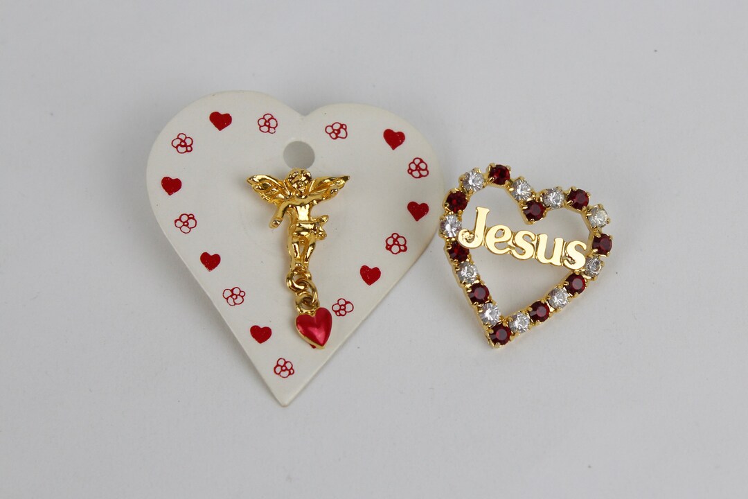 Vintage Gold Tone Jesus Rhinestone Heart Tack Pin and Cherub - Etsy