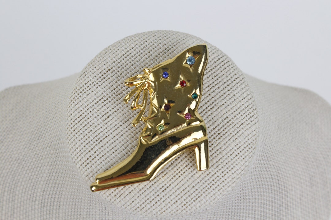 Vintage Gold Tone Granny Boot Brooch With Multicolor Rhinestones Lace ...