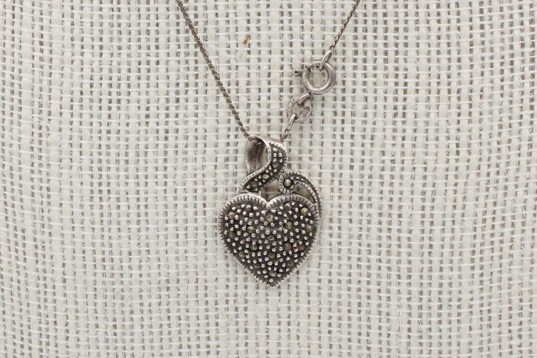 Sterling Silver and Marcasite Heart Pendant Necklace - Etsy