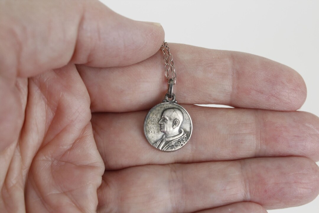 Vintage SMALL Pope Paulus VI Pont Max 800 Silver St. Christopher Medal With a Sterling Silver 16 ...