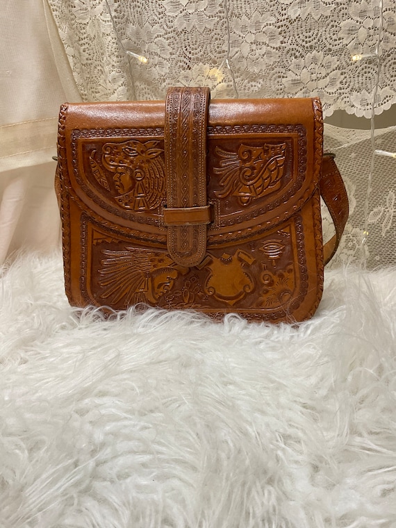 Vintage Mexican Aztec Mayan tooled leather purse (as … - Gem