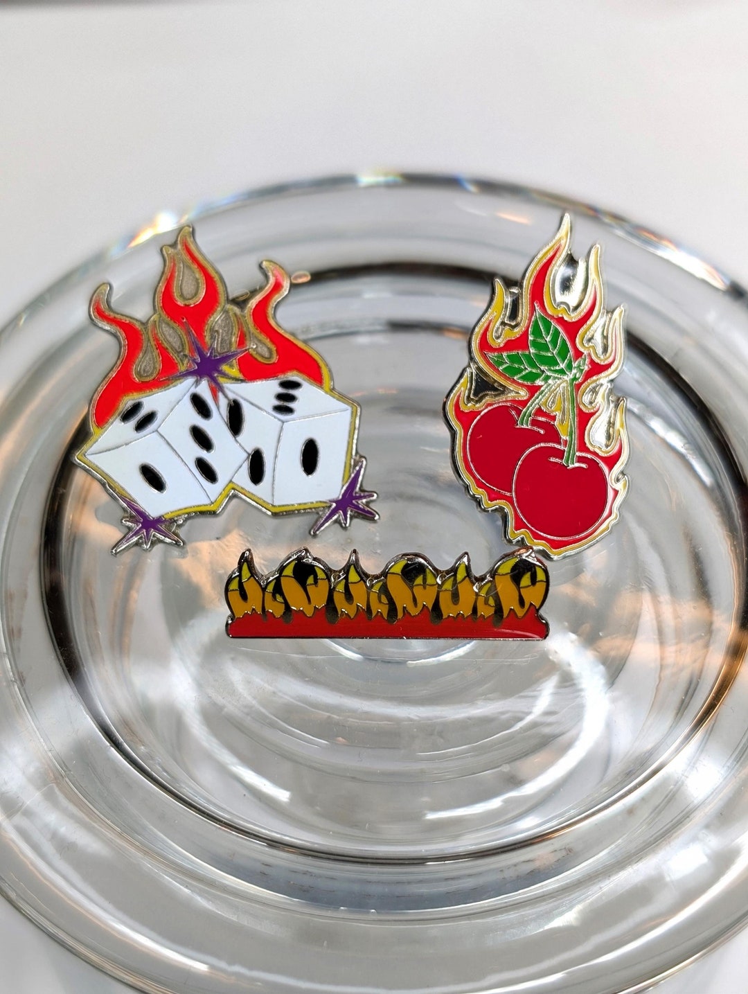 90s Pin Flame Trio Fire and Dice and Cherries Hot Rod Rockabilly - Etsy