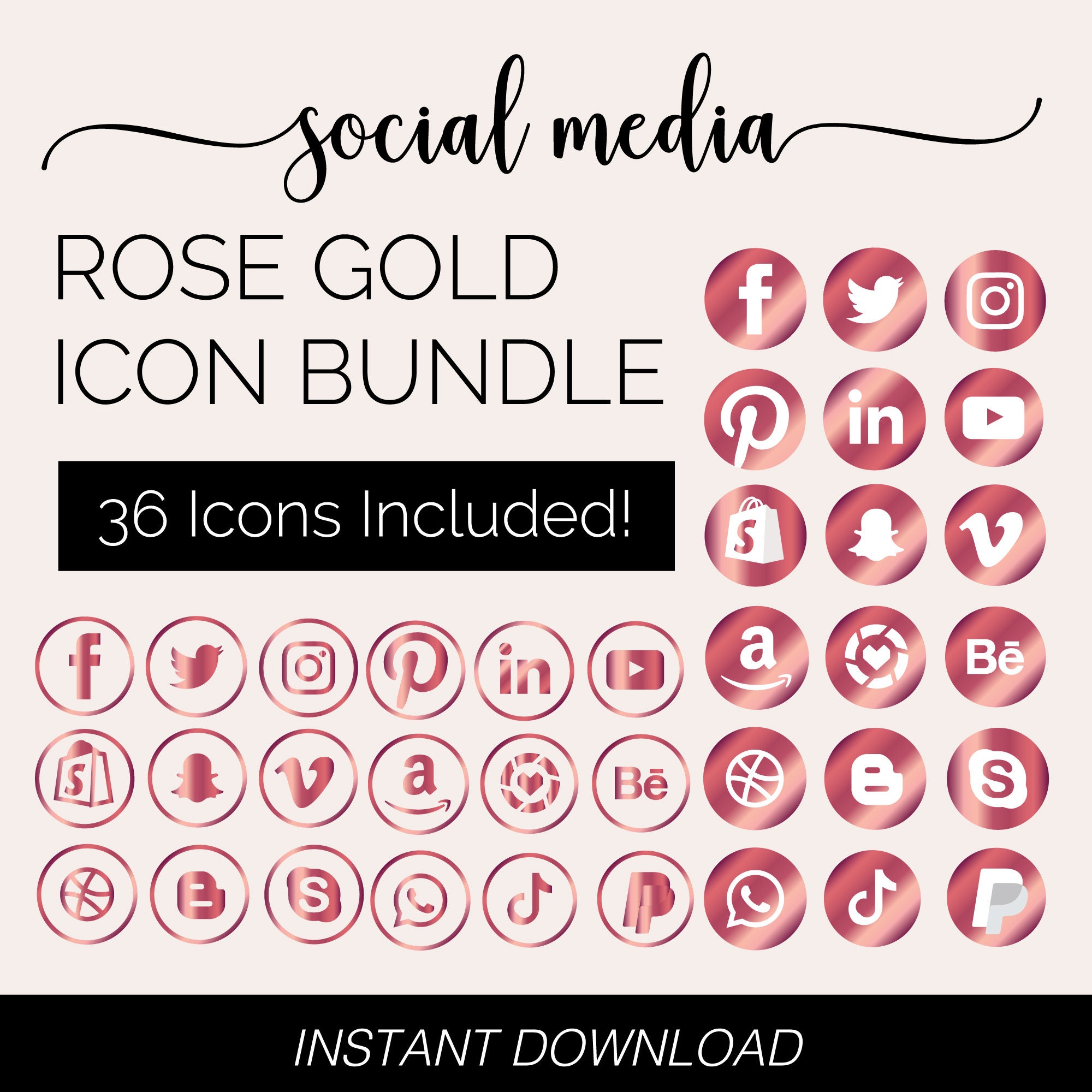 Rose Gold Social Media Icons Bundle, Instagram, Tiktok (digital ...