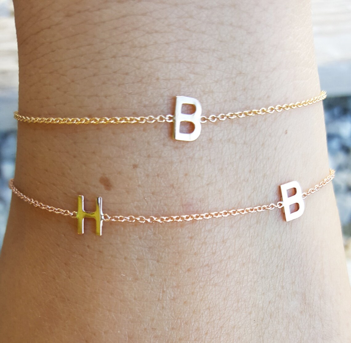 Two Letters Bracelet/14k Rose Gold Letters Bracelet/14k Yellow | Etsy