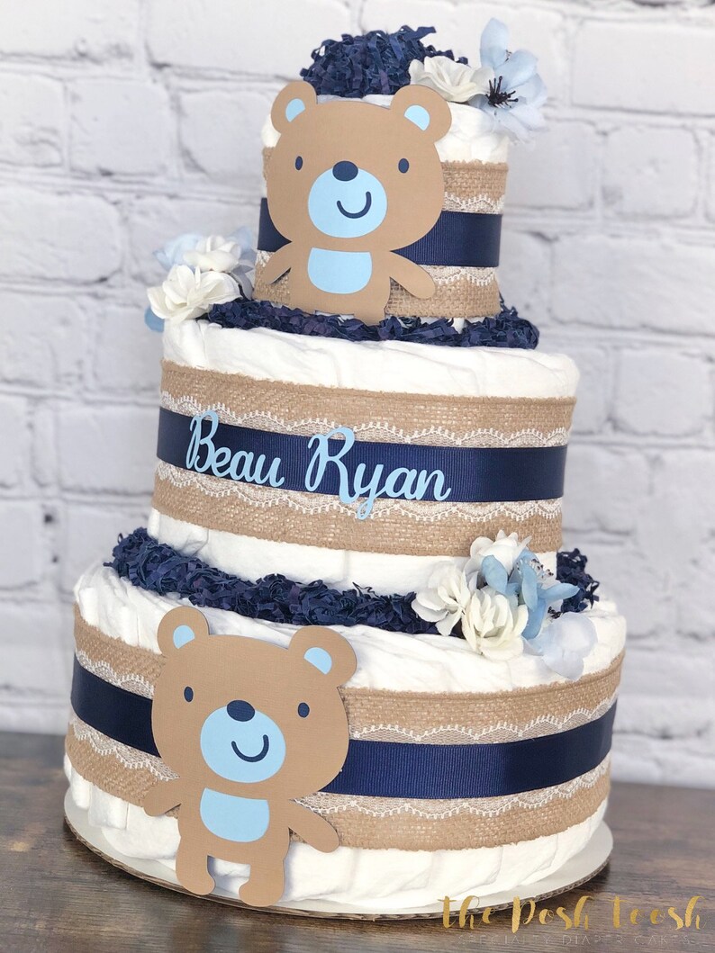 Teddy Bear Diaper Cake Rustic Burlap Navy Light Blue Woodland - Etsy