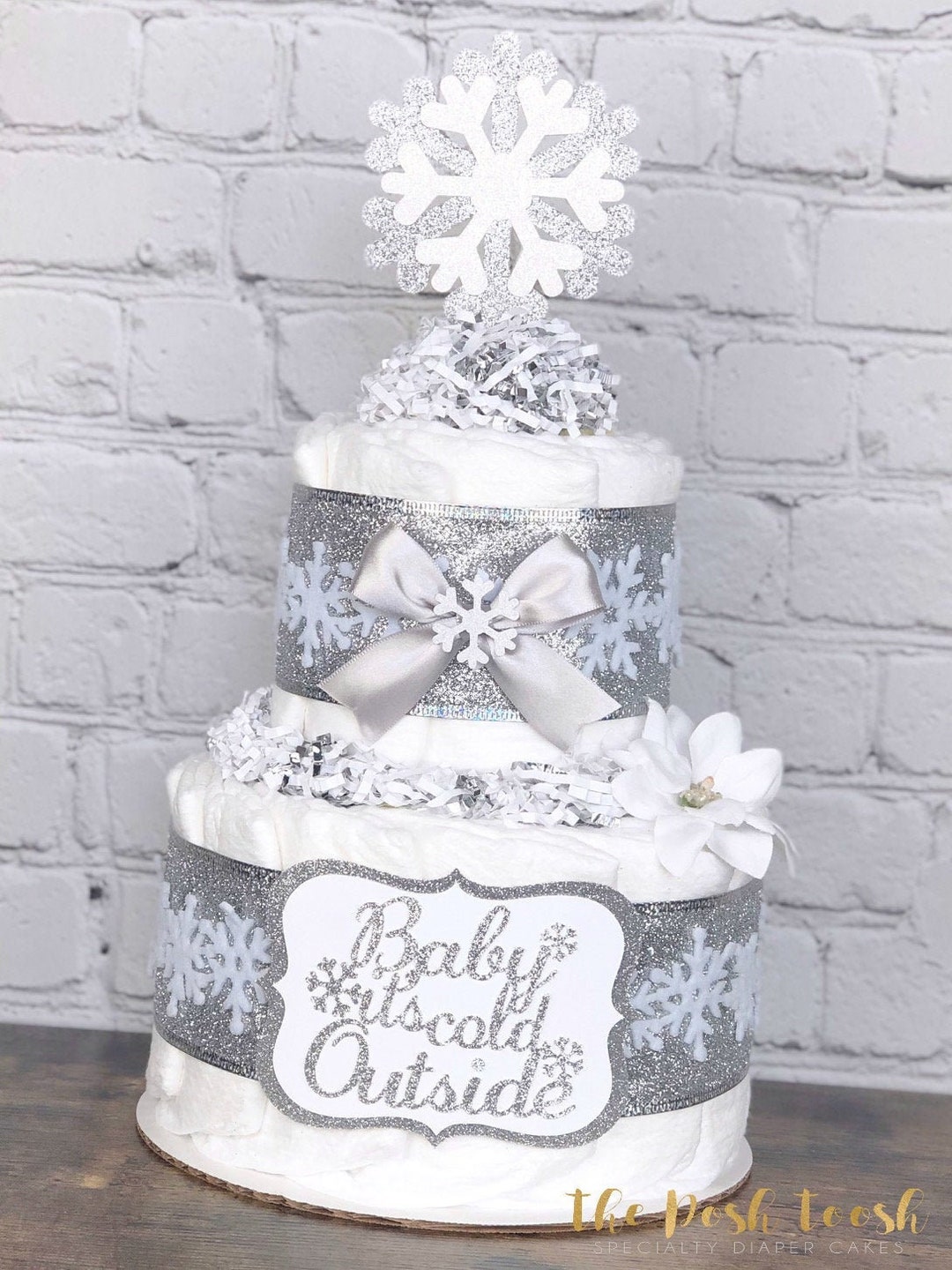 Snowflake Baby It's Cold Outside Diaper Cake, Silver White Winter ...