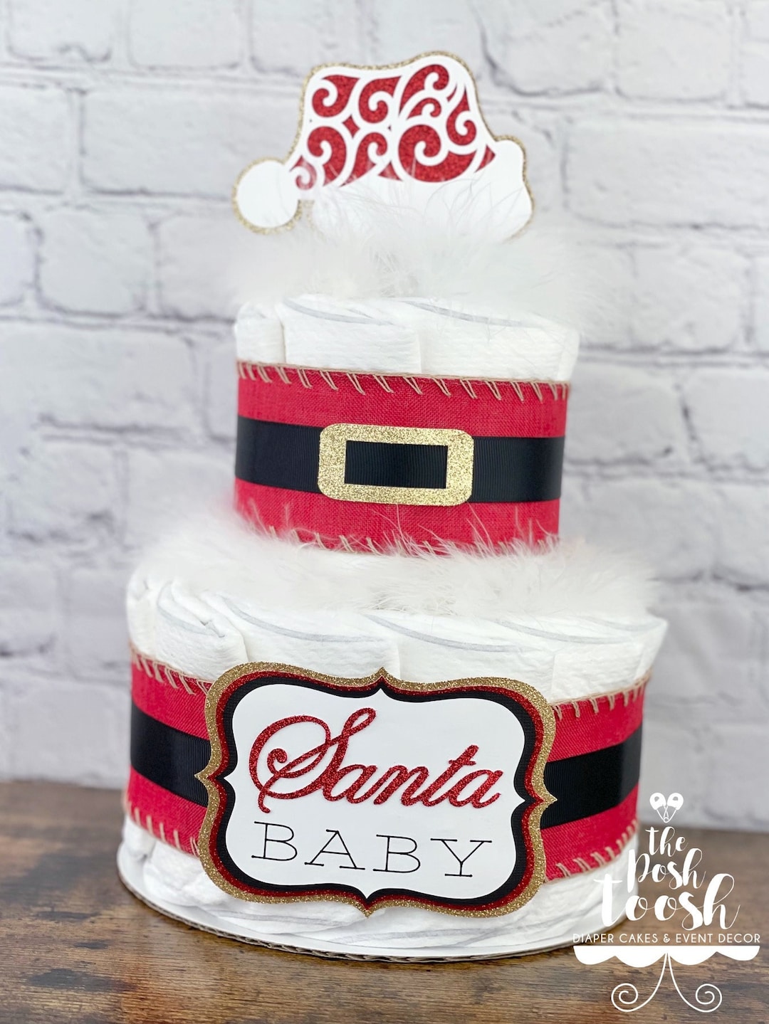 Santa Baby Diaper Cake, Holiday Christmas Red Gold Santa Hat Gender ...