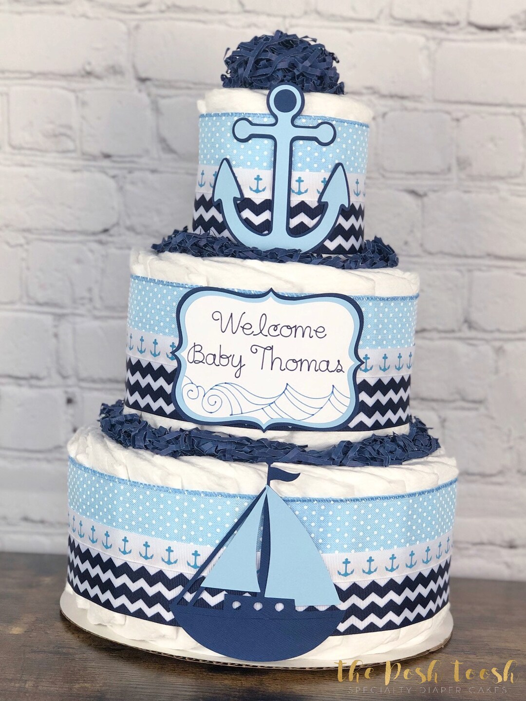 Nautical Diaper Cake, Light Blue and Navy Anchor Sailboat Boy Baby ...