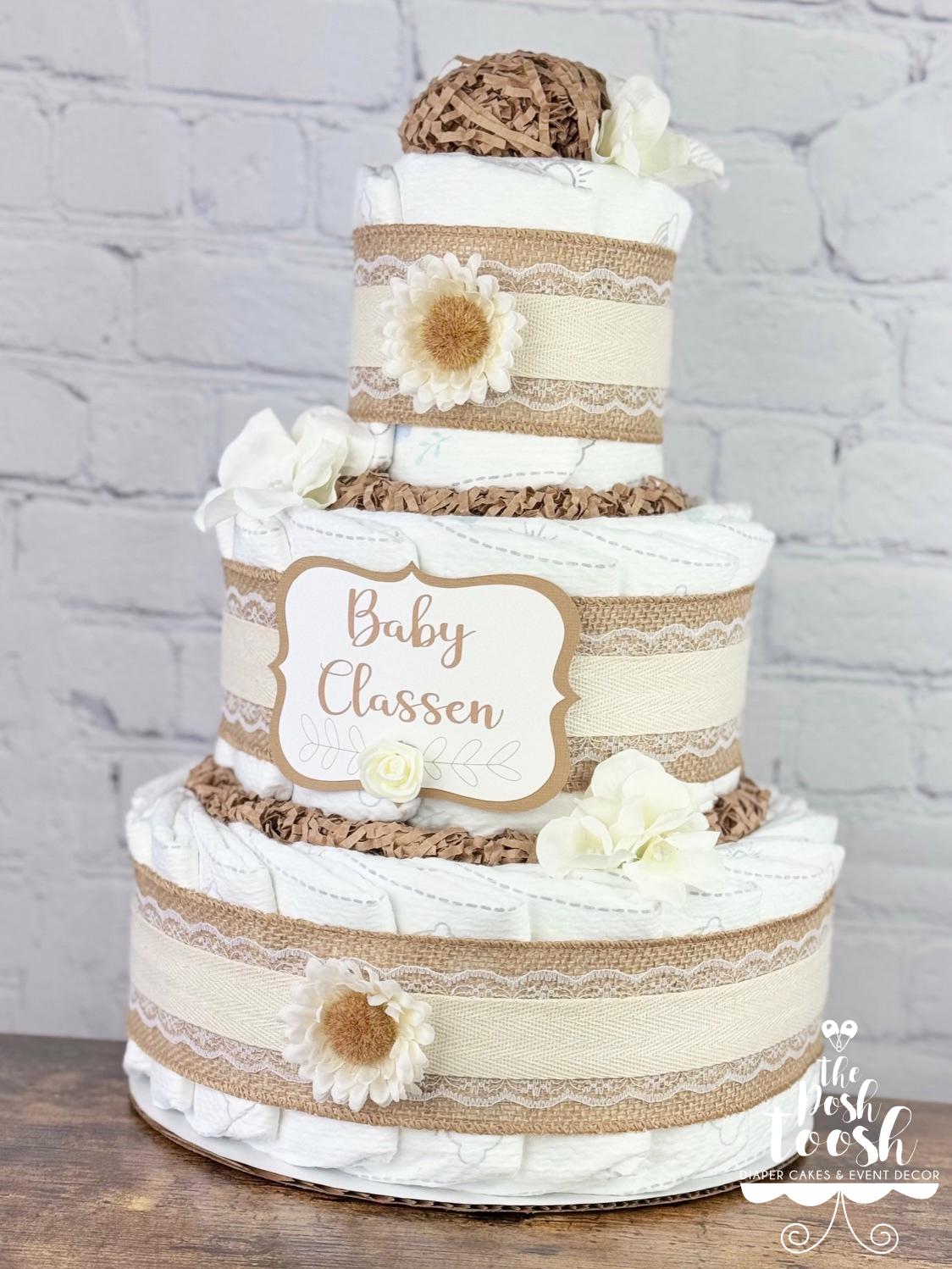 Gender Neutral Diaper Cake, Baby Shower Centerpiece Decor Gift, Natural ...