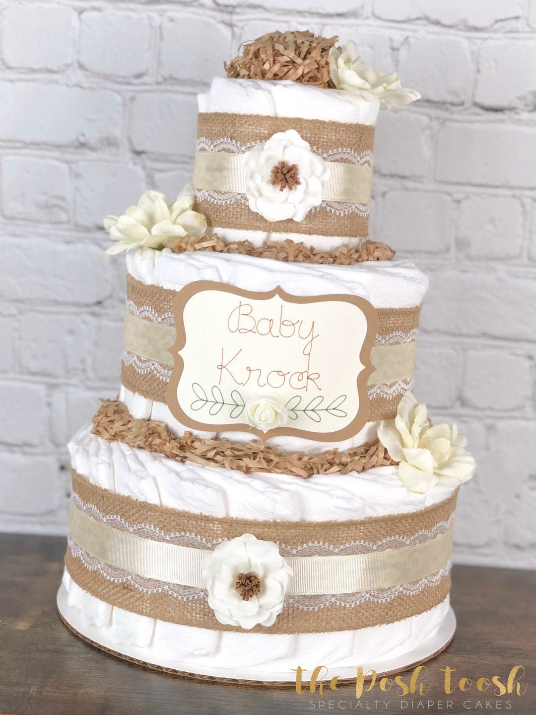 Gender Neutral Diaper Cake, Baby Shower Centerpiece Decor Gift, Natural ...