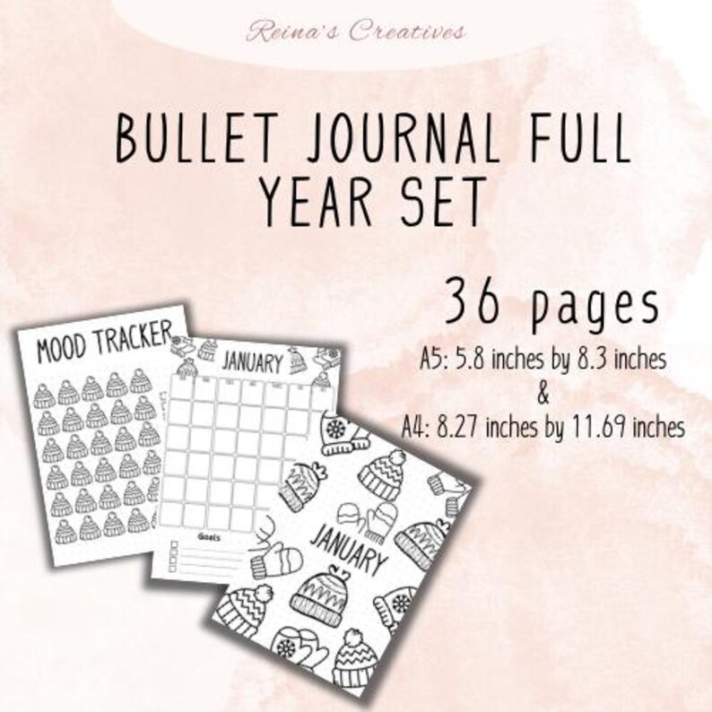 Bullet Journal Yearly Full Set - Title Pages - Undated Calendars - Mood ...