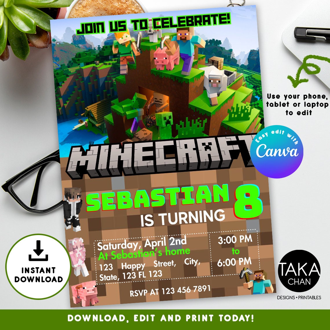 Editable Minecraft Birthday Invitation, Minecrafter Birthday ...
