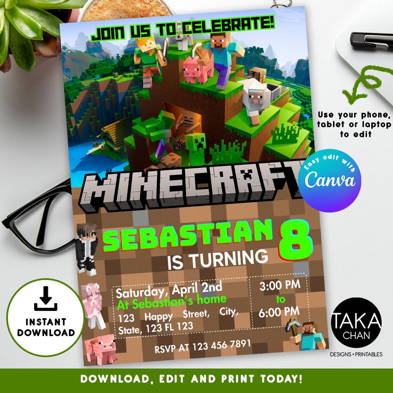 Editable Minecraft Birthday Invitation, Minecrafter Birthday ...
