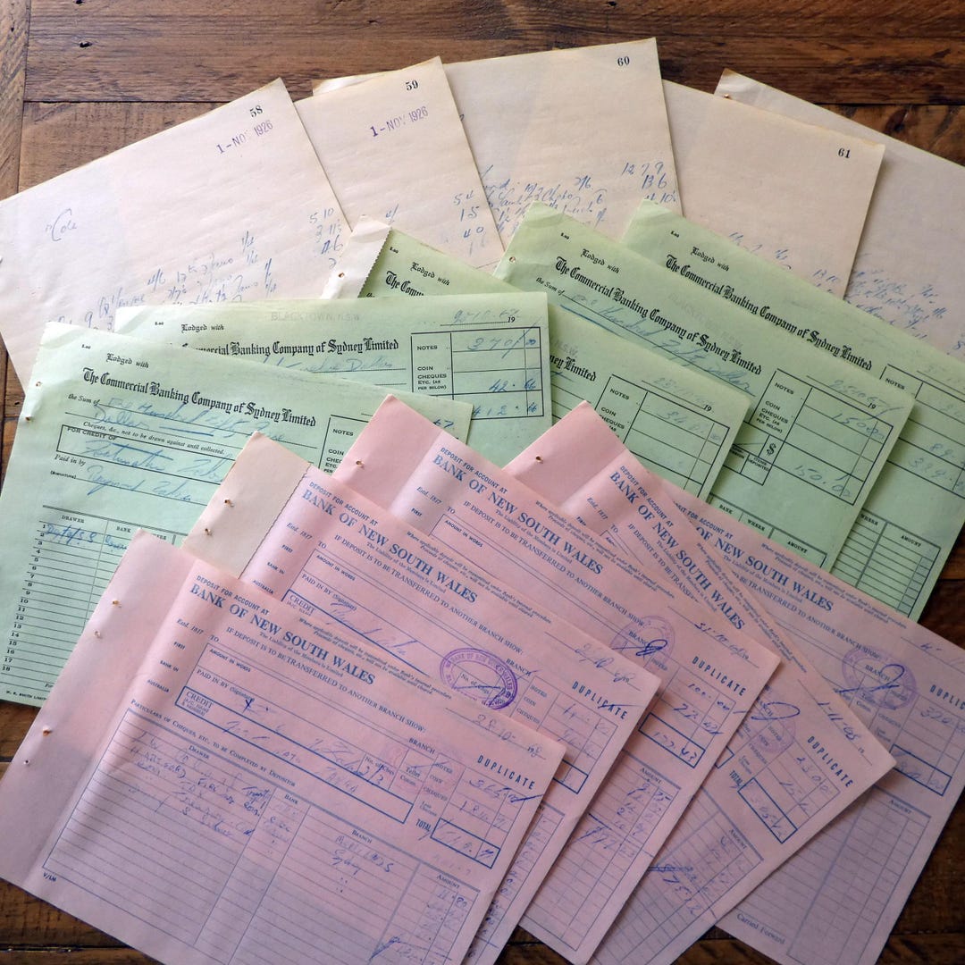 Vintage Carbon Copies of Receipts 15 Pages, Bank Deposit Slips, Butcher ...