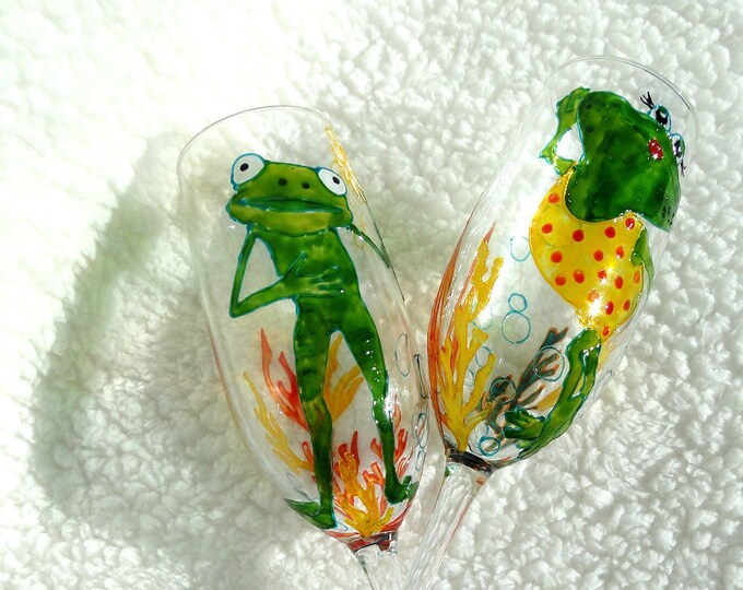 Frogs Champagne Flutes Hand Painted Set of 2 Funny Frogy Glasses ...
