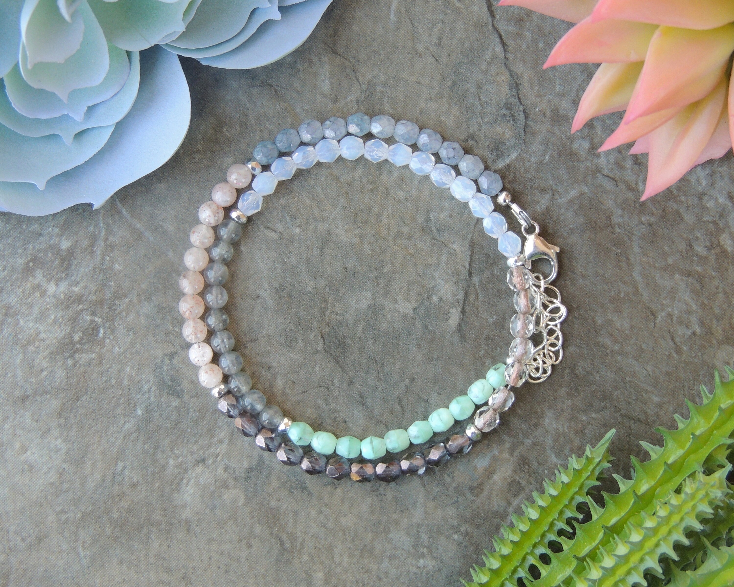 Gemstone Double Wrap Bracelet - Labradorite & Sunstone