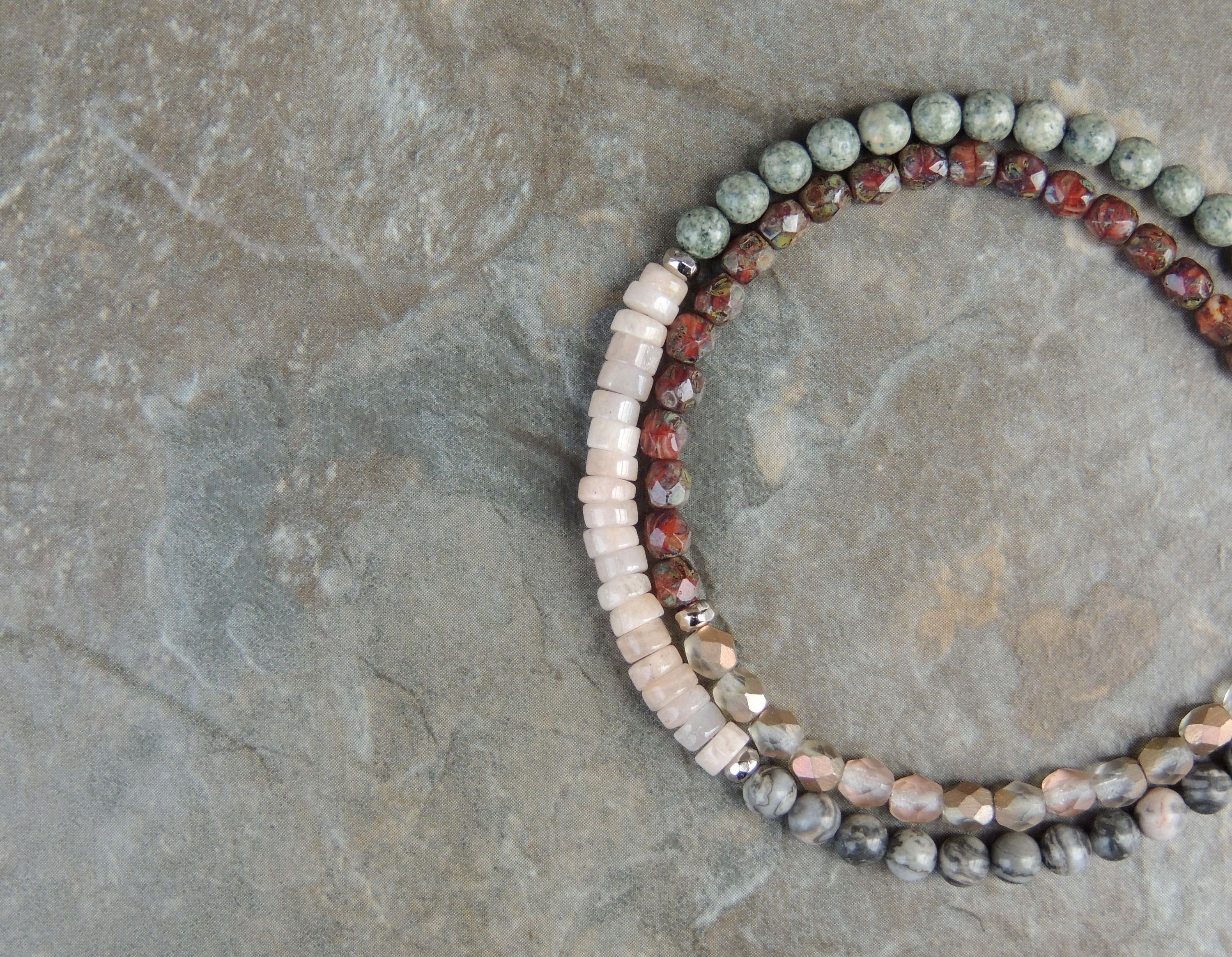 Gemstone Double Wrap Bracelet - Peach Moonstone & Jasper