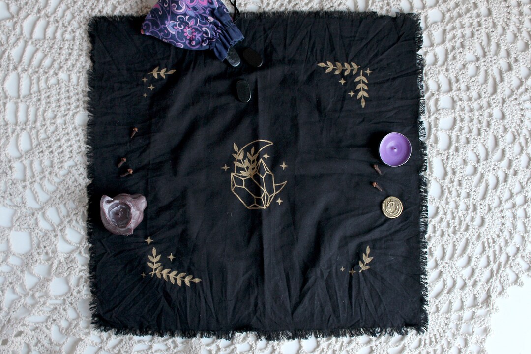 Tarot Cloth With Crescent Moon and Crystals. Hand-painted Cotton Altar ...