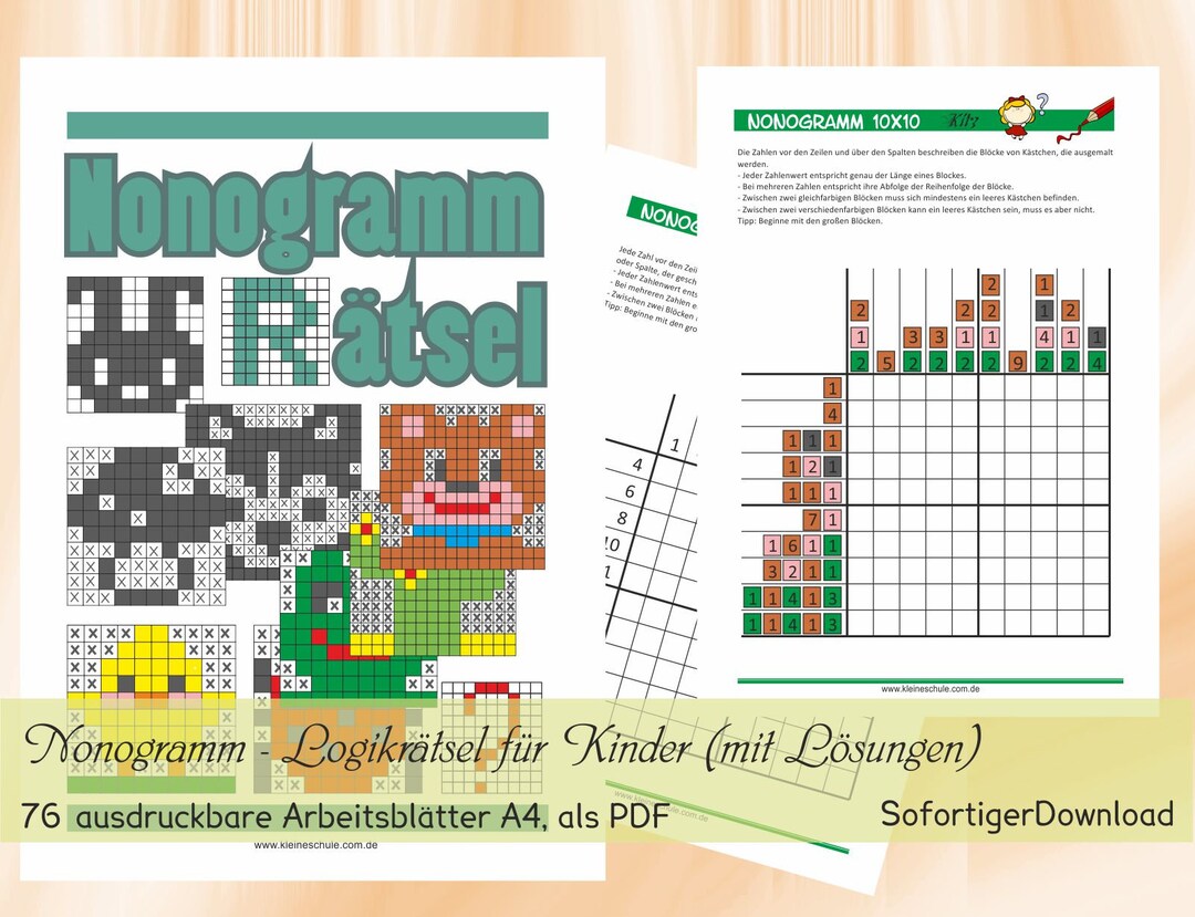 Nonogramm - Logikrätsel für Kinder | 76 ausdruckbare Seiten A4 als PDF ...