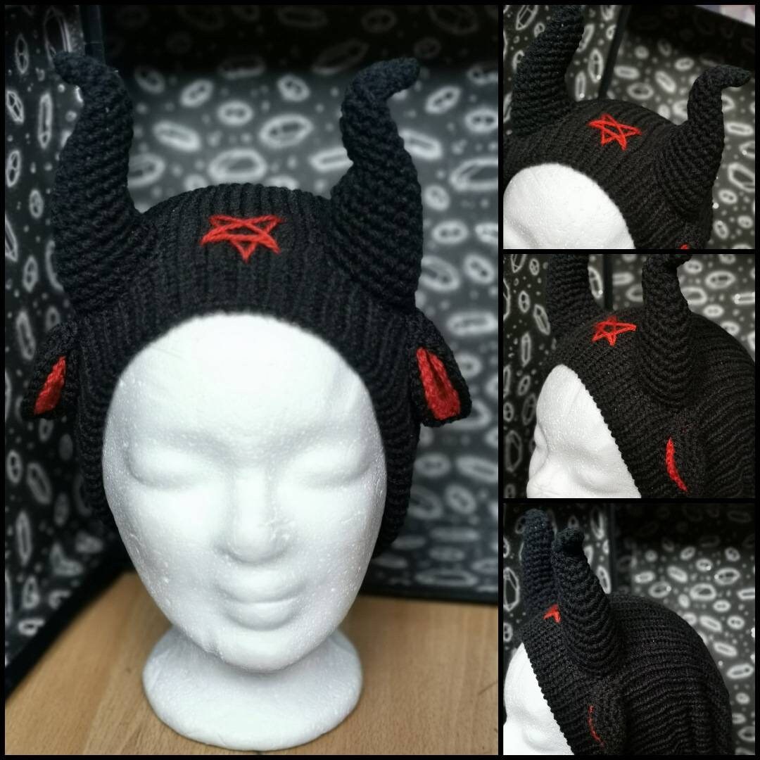 Baphomet Hat, Hat With Horns, Goat Beanie, Goth Clothes, Pentagram - Etsy