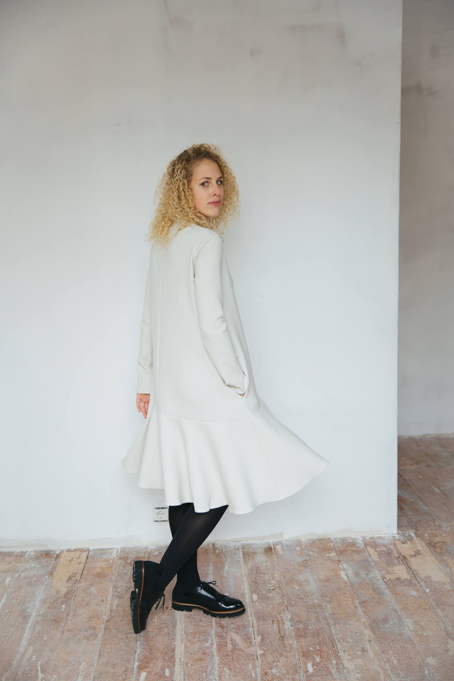White Winter Dress With Pockets, A Line Loose Winter Dress, Long Sleeve ...