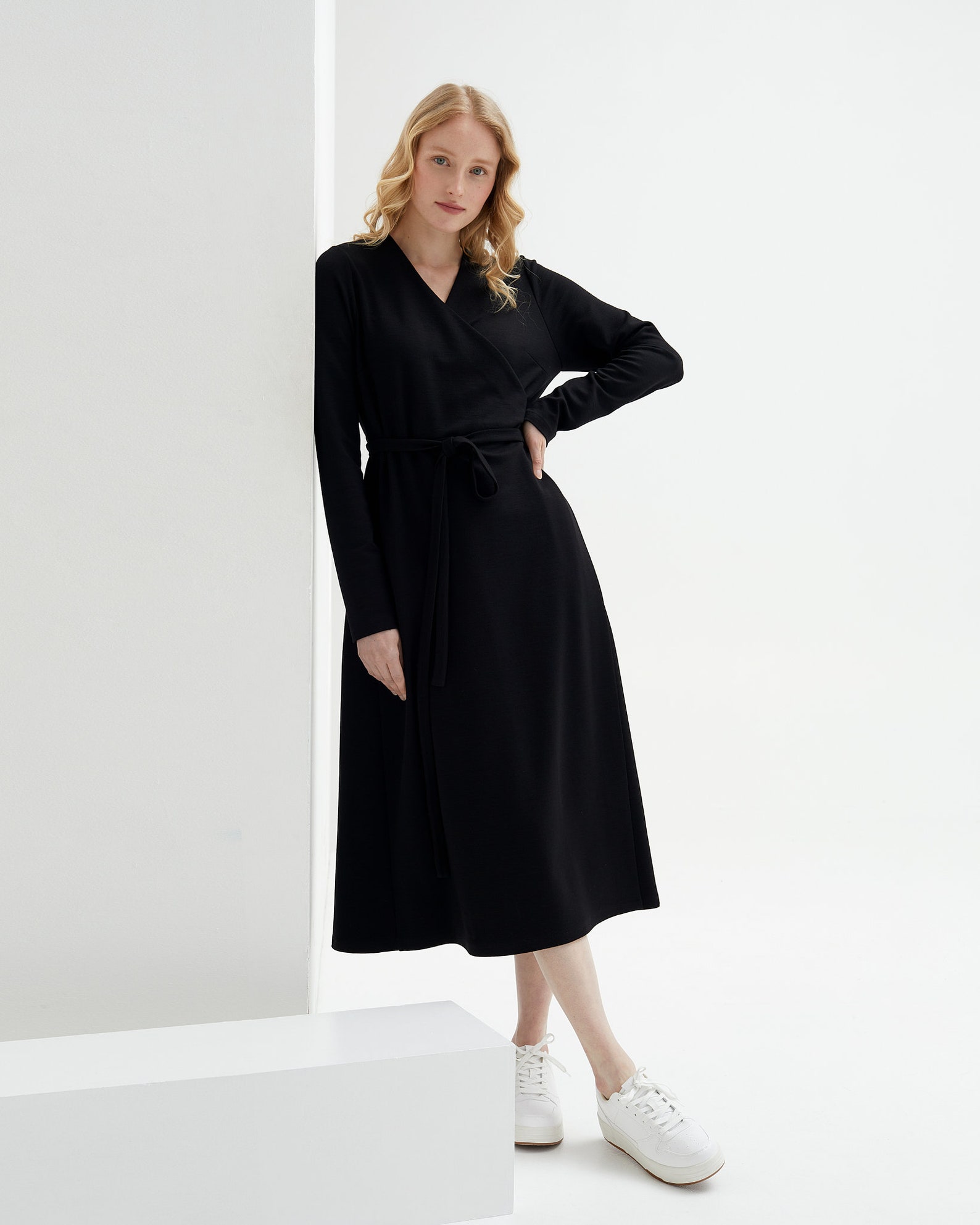 Black Wrap Dress With Pockets, Merino Wool Jersey Dress, Feminine Wrap ...