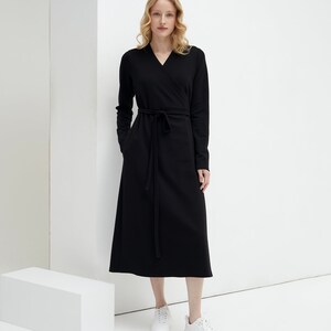 Black Wrap Dress With Pockets, Merino Wool Jersey Dress, Feminine Wrap ...