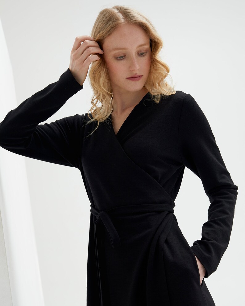 Black Wrap Dress With Pockets, Merino Wool Jersey Dress, Feminine Wrap ...