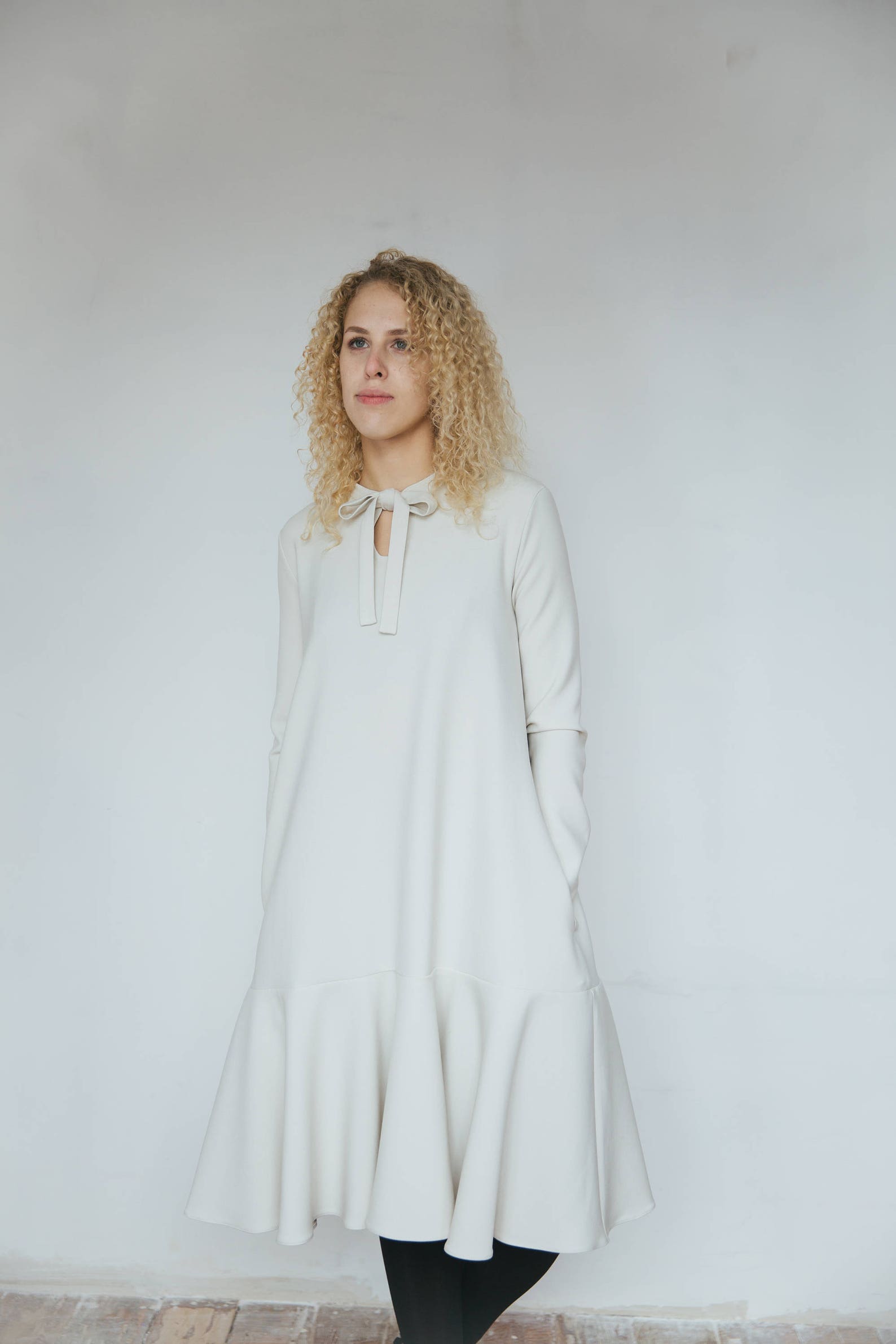White Winter Dress With Pockets, A Line Loose Winter Dress, Long Sleeve ...