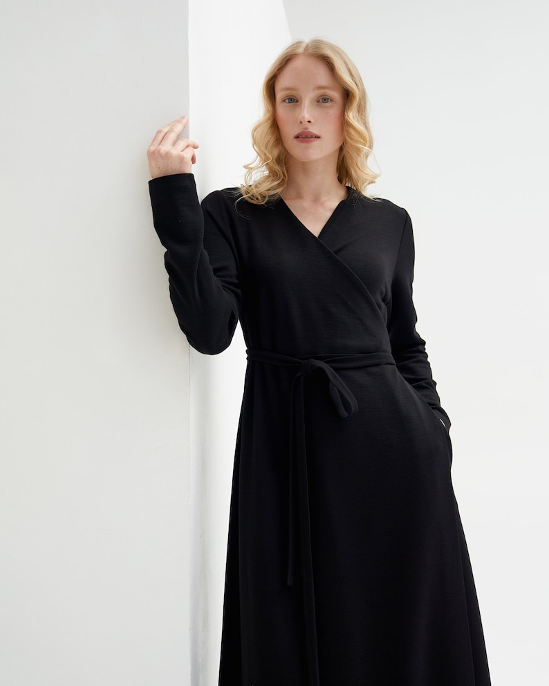 Black Wrap Dress With Pockets, Merino Wool Jersey Dress, Feminine Wrap ...