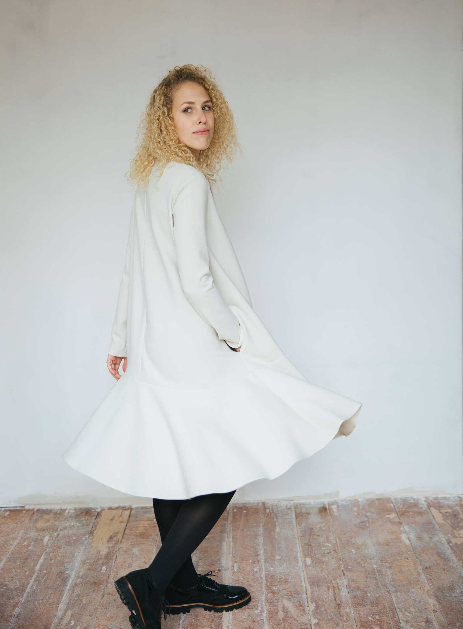 White Winter Dress With Pockets, A Line Loose Winter Dress, Long Sleeve ...