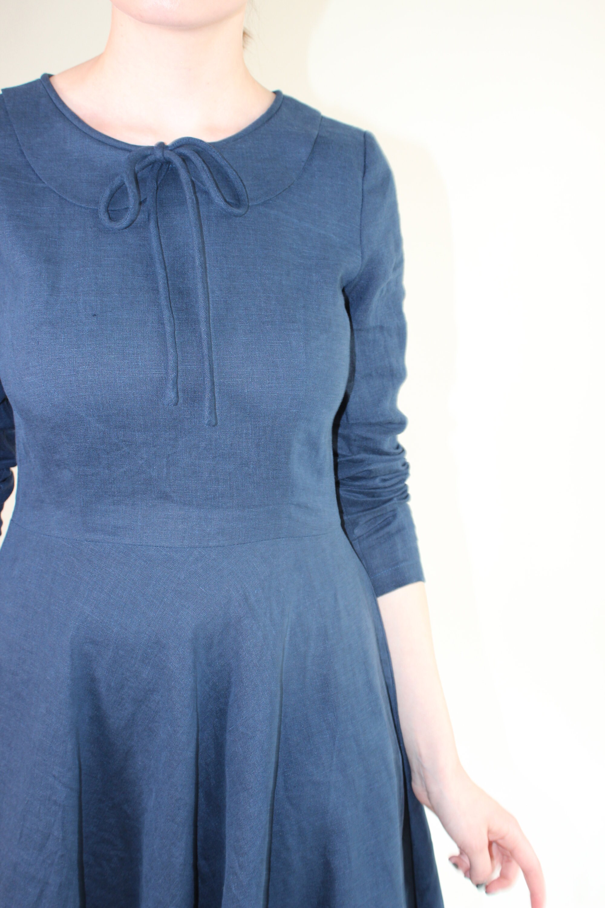 Peter Pen Collar Dress, Vintage Style Long Sleeve Linen Dress, Elegant ...