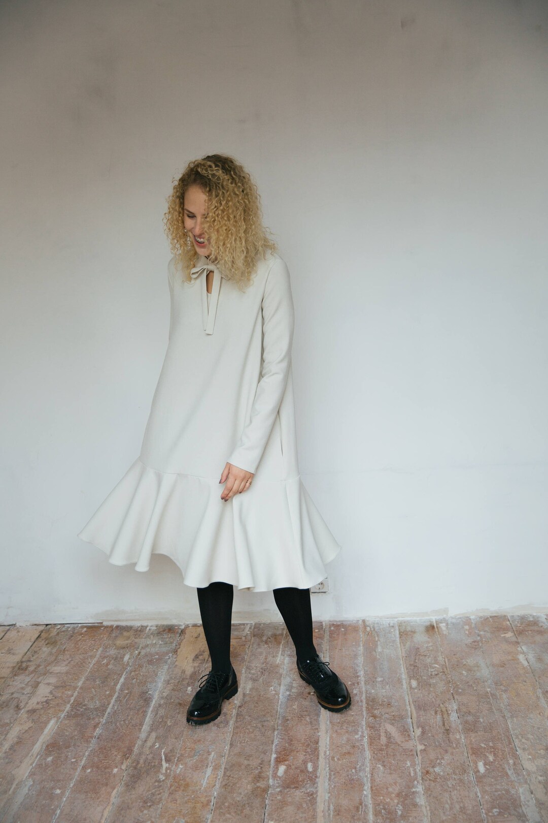 White Winter Dress With Pockets, A Line Loose Winter Dress, Long Sleeve ...