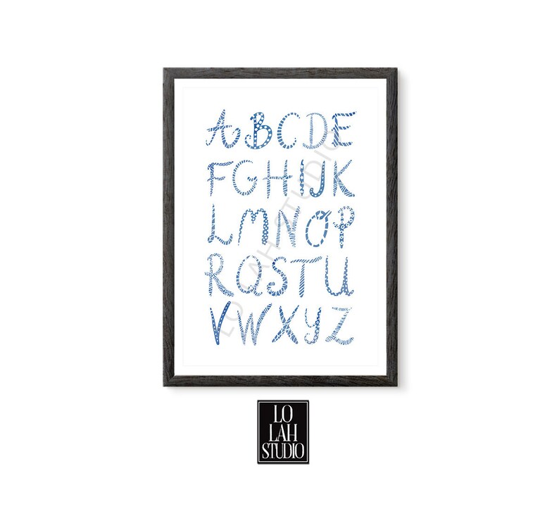 Hand Drawn Alphabet Printable, Blue Watercolor ABC Wall Art, Watercolor ...